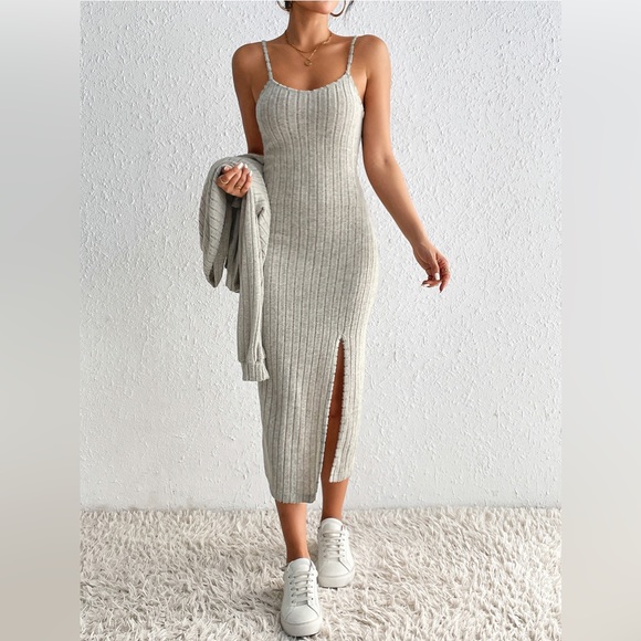 Dresses | Ribbed Spaghetti Strap Slit Dress Cardigan Set | Poshmark